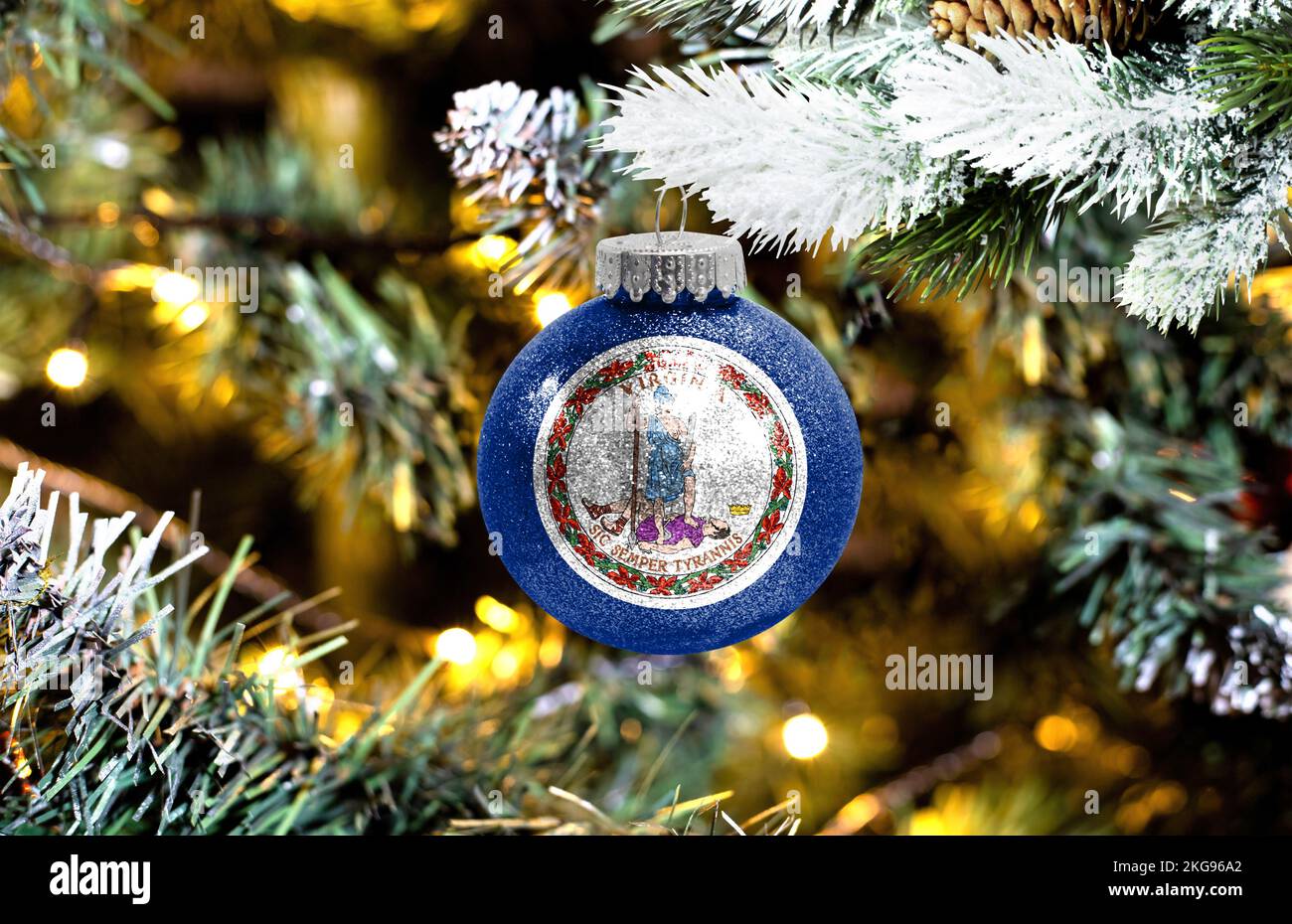 New Year's glass ball with the flag of State of Virginia against a ...