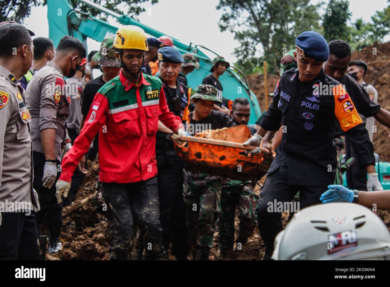 Cianjur, West Java, Indonesia. 22nd Nov, 2022. Joint SAR team members ...