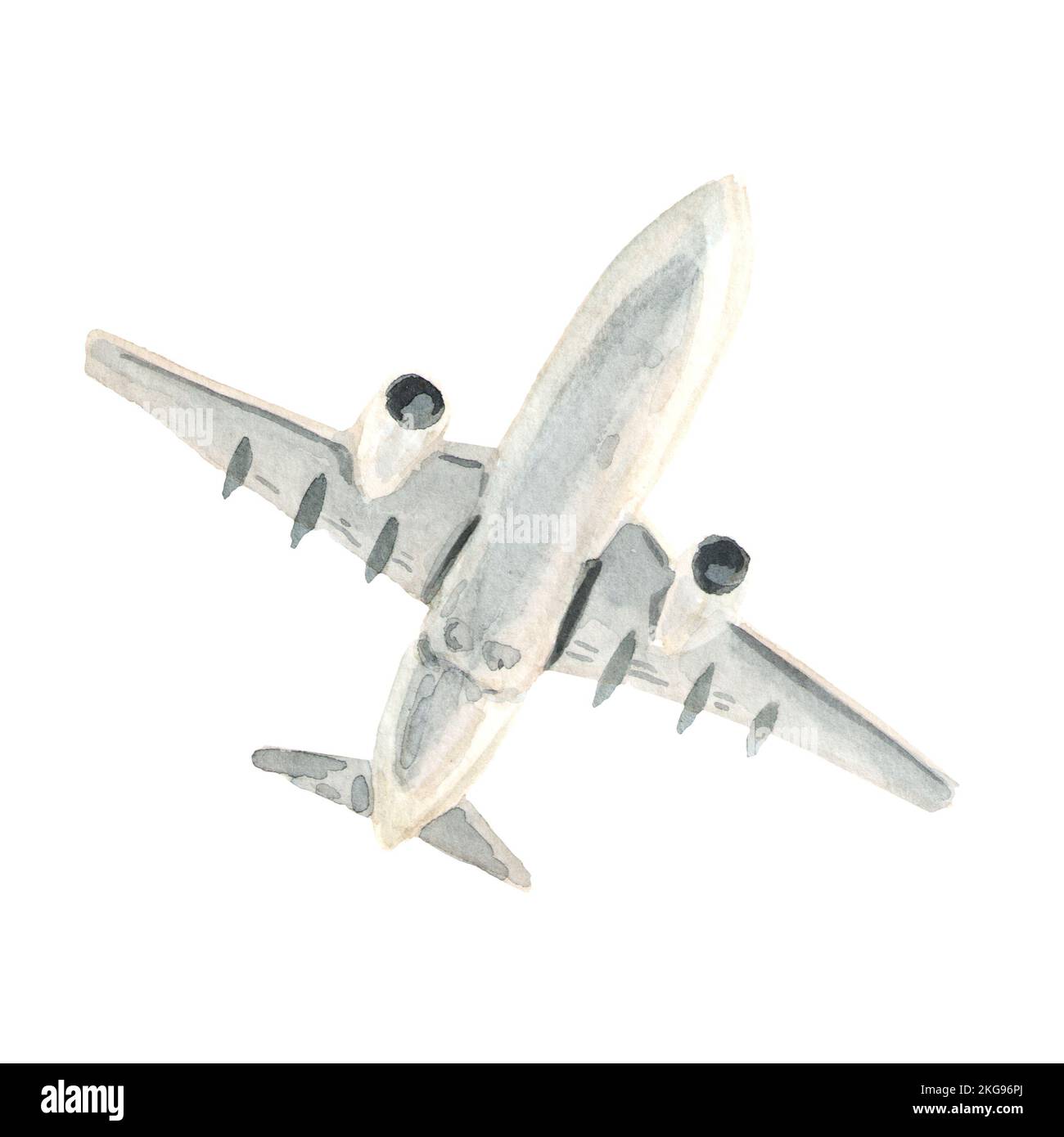 Airplane, white passenger airliner. Hand drawn watercolor illustration ...
