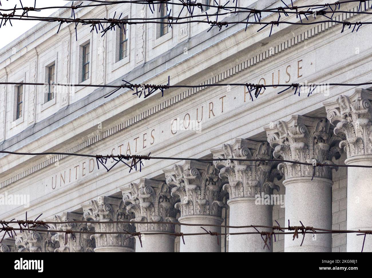 Barbed wire fence in front of United States Court House. Courthouse ...