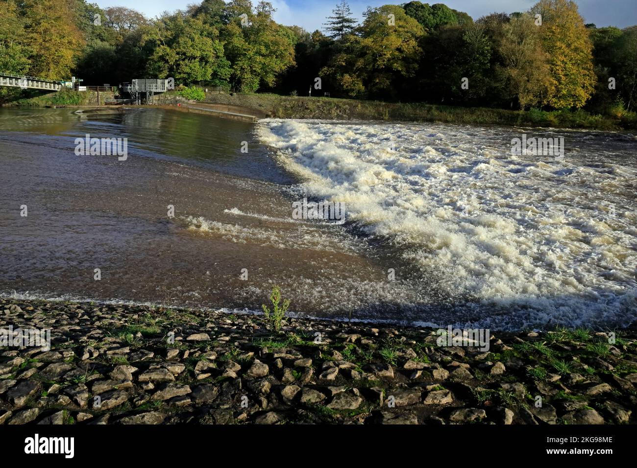 The river Taff at Blackweir after heavy rain. White water at the weir ...