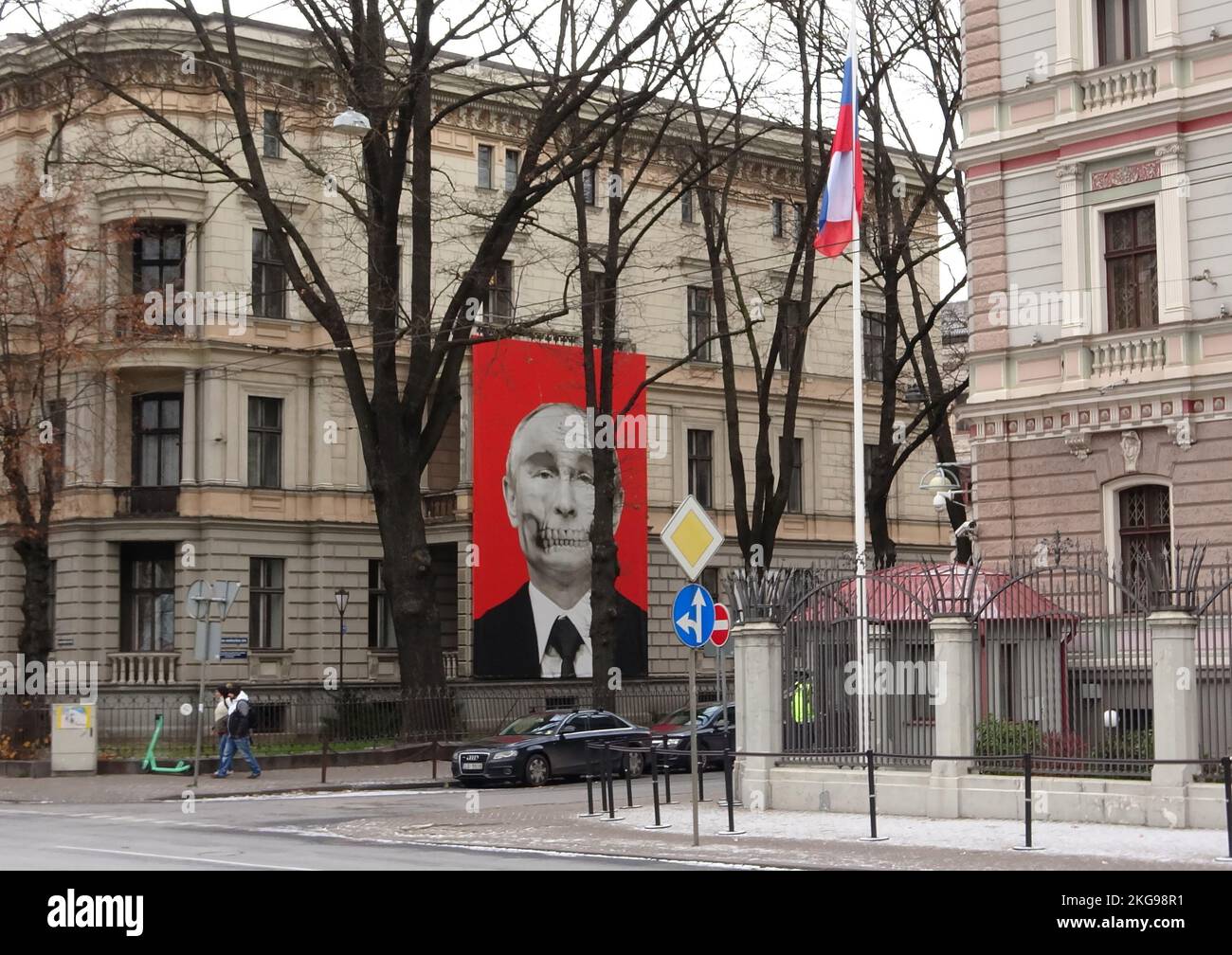 Big poster depicting an evil president Putin, on a building facing the ...