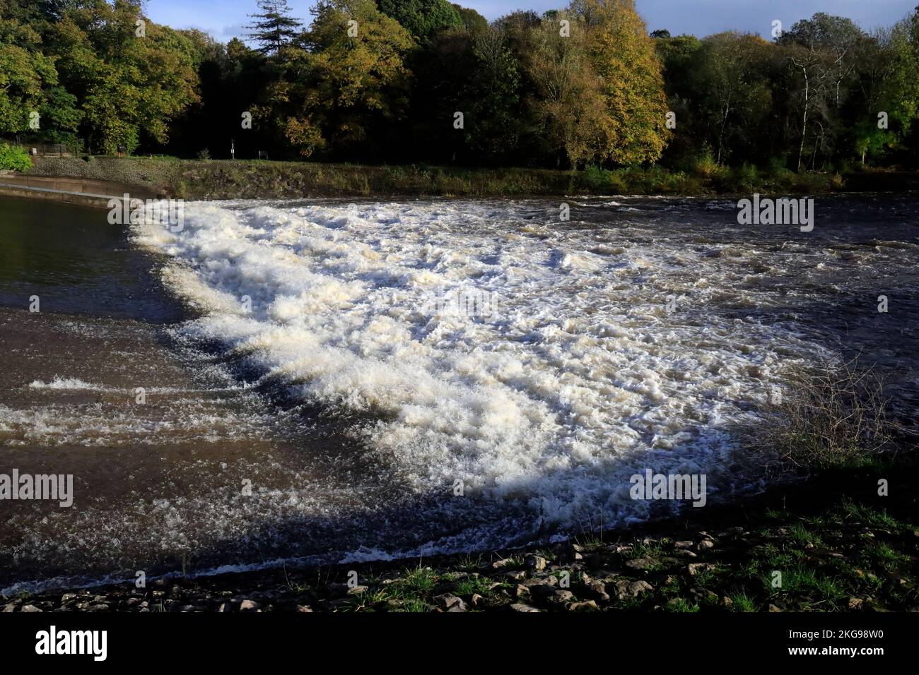 The river Taff at Blackweir after heavy rain. White water at the weir ...