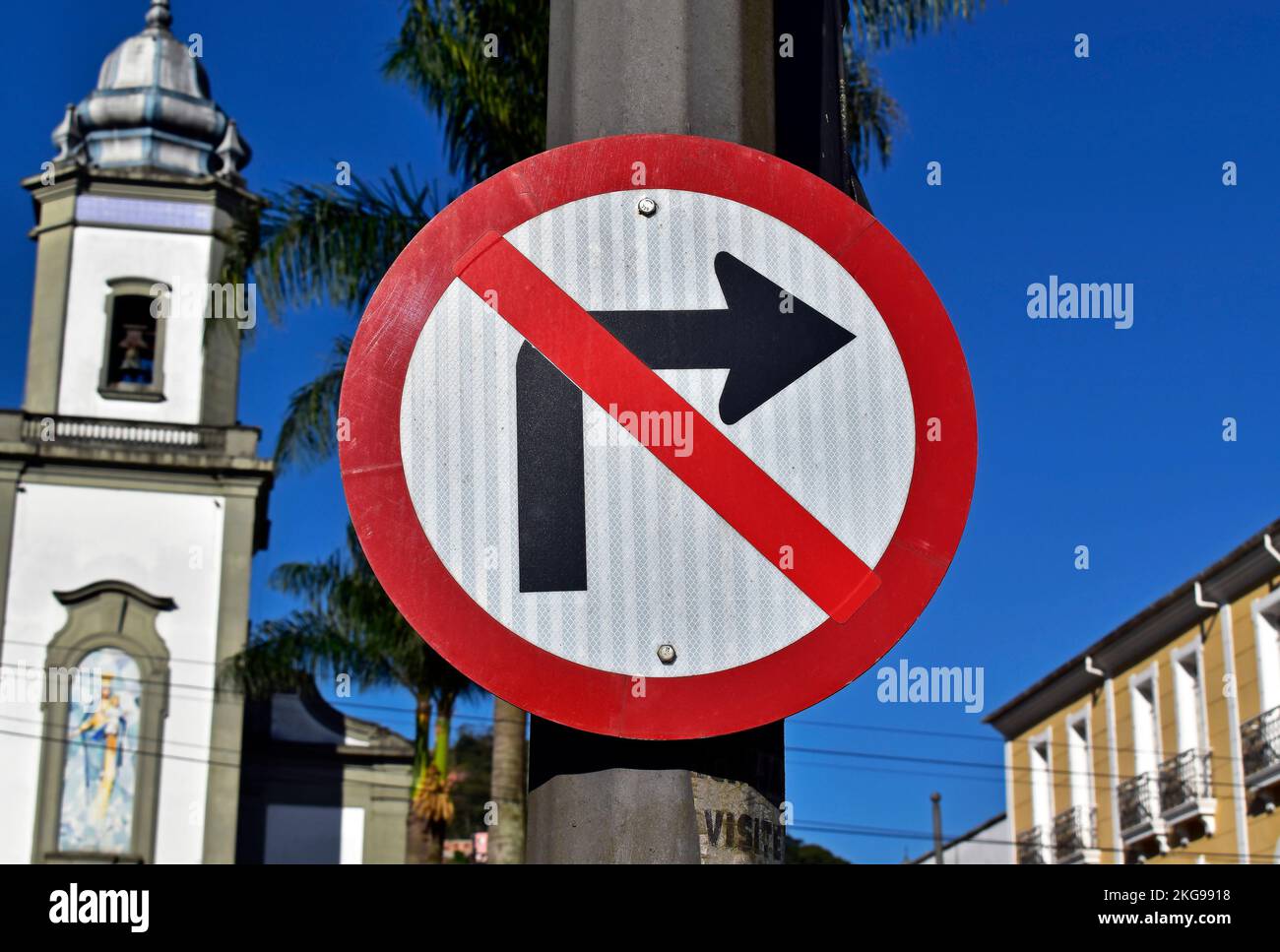Street sign indicating forbidden to turn right, Petropolis, Rio de ...