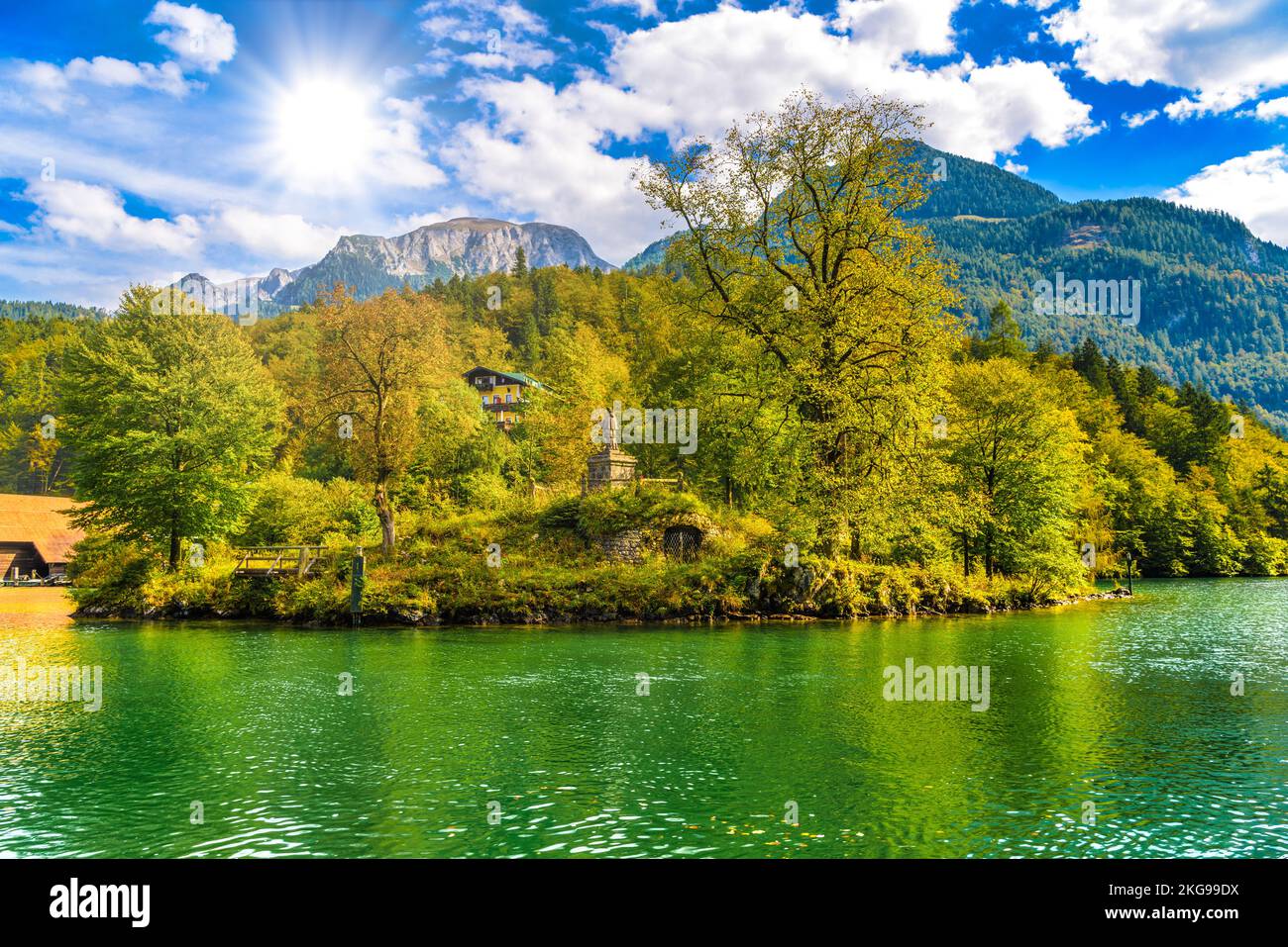 Small island with trees in the lake Koenigssee, Konigsee, Berchtesgaden ...