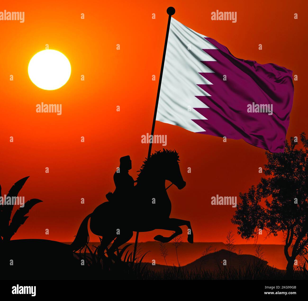 Qatar National Flag on Floor in hands of soldier on horse back ...