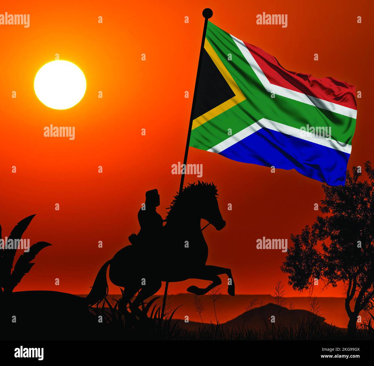 South Africa National Flag in hands of soldier on horse back, depicting ...