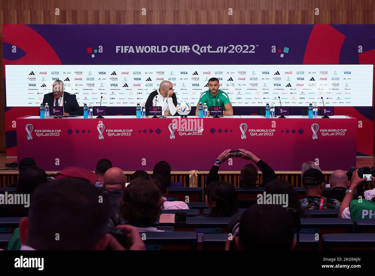 Doho, Qatar, 22/11/2022, Ghanem Saiss and head coach Walid Regragu ...