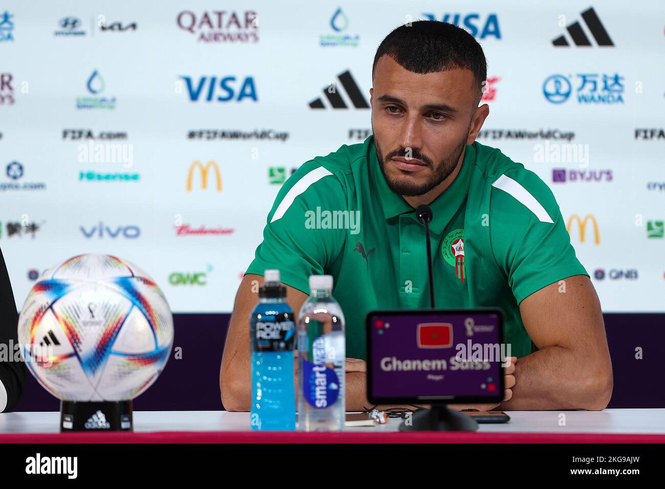 Doho, Qatar, 22/11/2022, Ghanem Saiss speaks during the press conference of the Moroccan ...