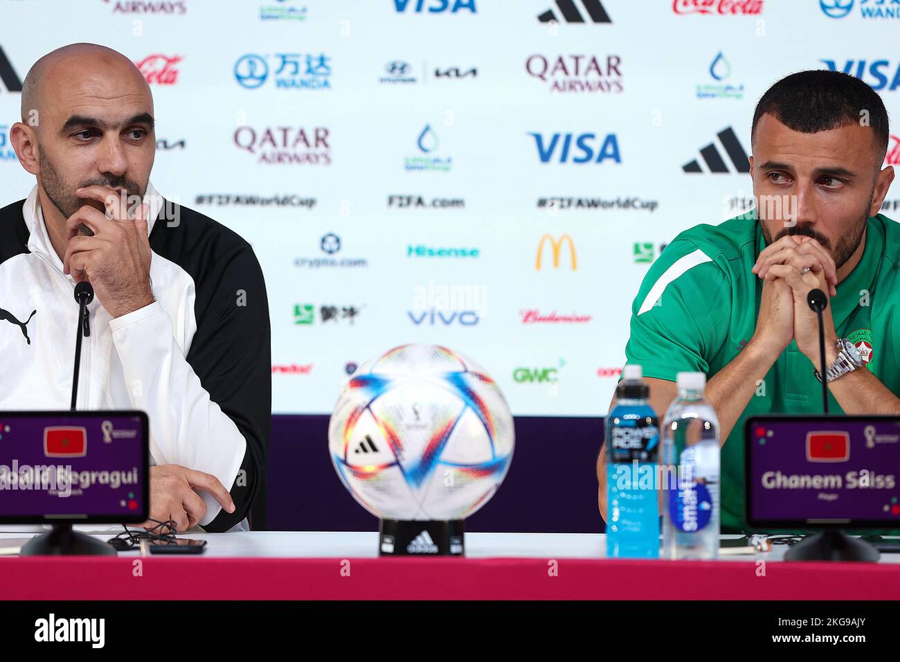 Doho, Qatar, 22/11/2022, Ghanem Saiss and head coach Walid Regragu speaks during the press ...