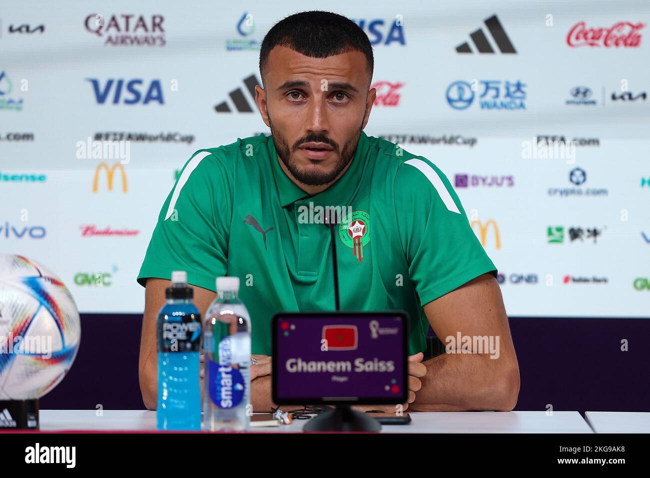 Doho, Qatar, 22/11/2022, Ghanem Saiss speaks during the press conference of the Moroccan ...