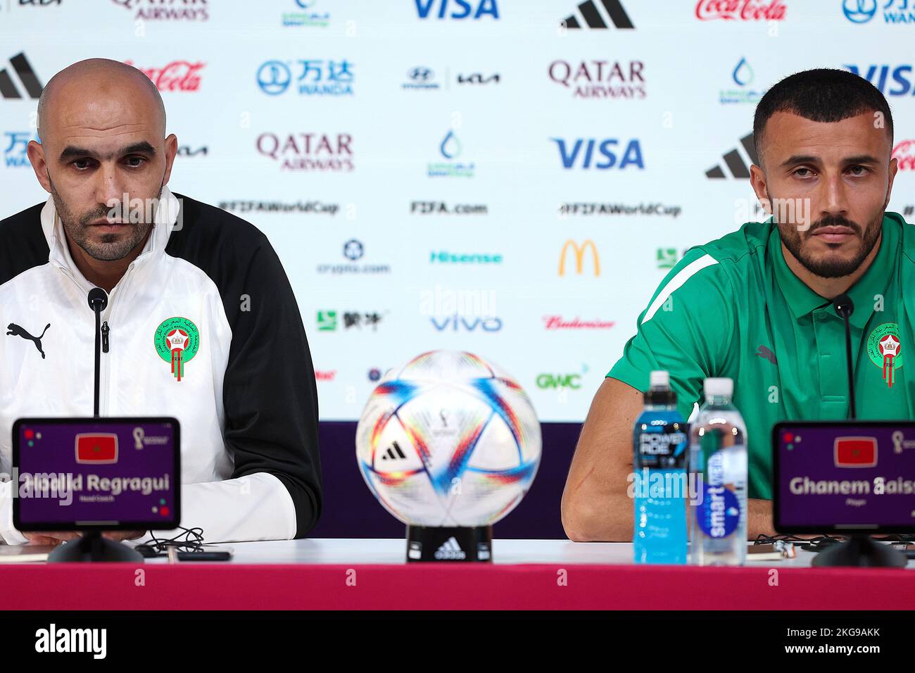 Doho, Qatar, 22/11/2022, Ghanem Saiss and head coach Walid Regragu speaks during the press ...