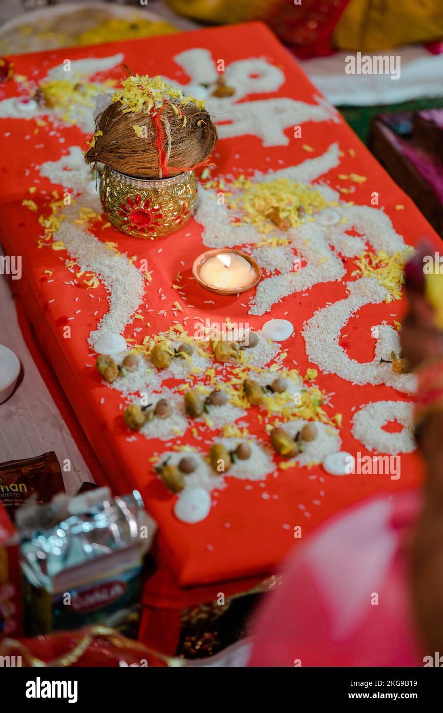Indian rituals on an auspicious day to perform pooja by placing coconut ...