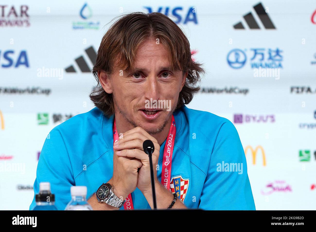Doha, Qatar on November 22, 2022. Luka Modric speaks during the press ...