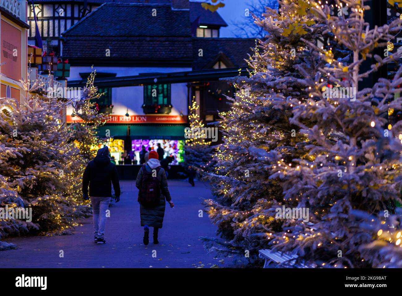 Rust, Germany. 22nd Nov, 2022. Visitors to Europa-Park walk past fir ...