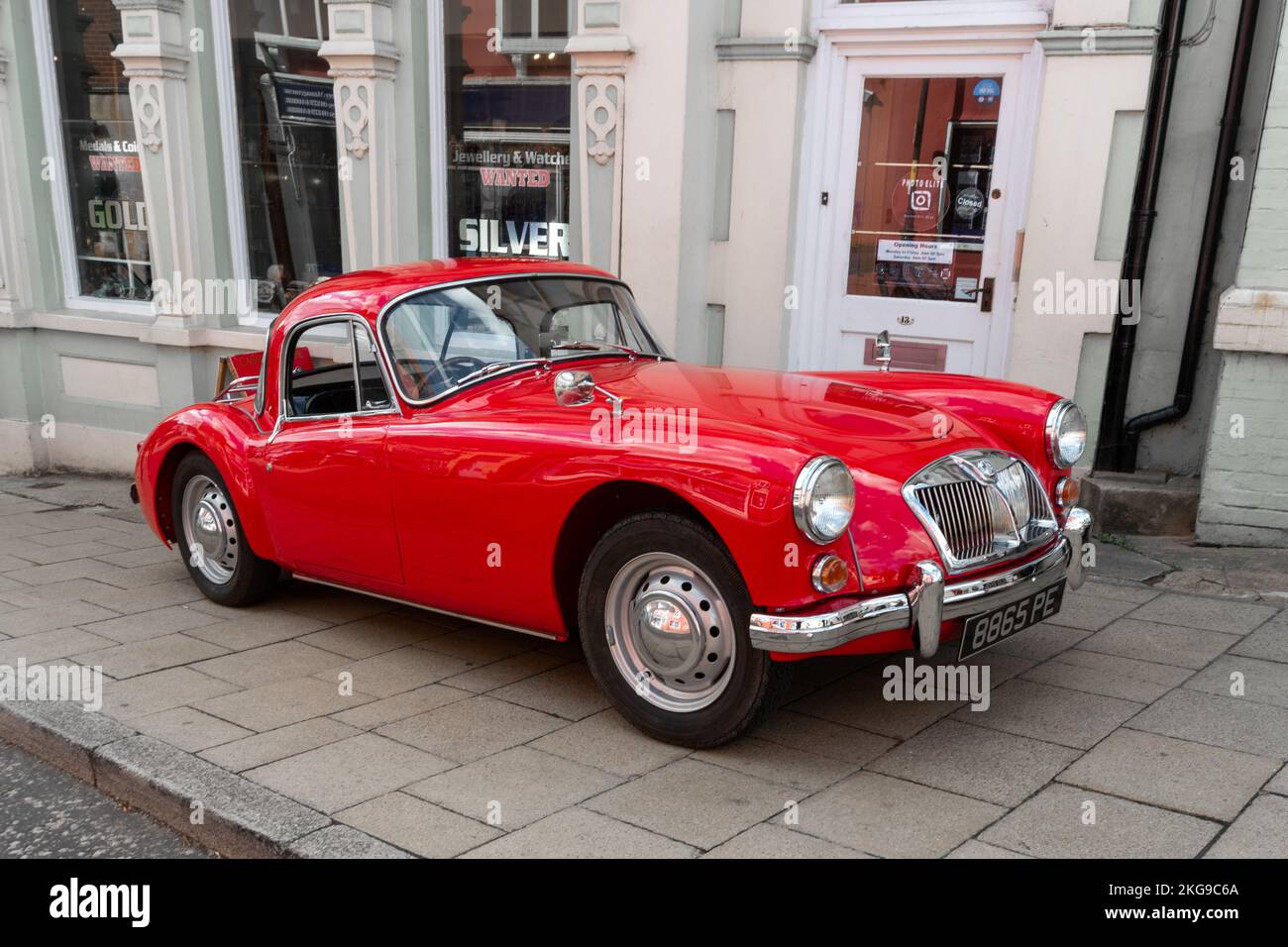 A red MGA at the Diss Classic Car event in the market square Stock ...