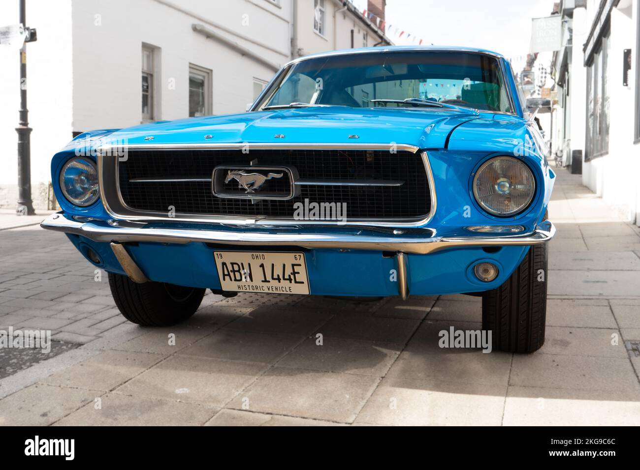 Blue fastback Ford Mustang, at the Diss Classic Car event Stock Photo ...