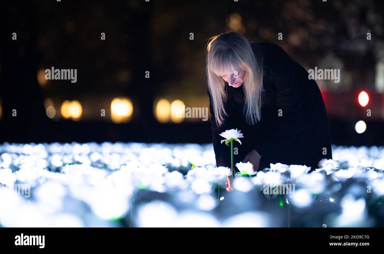 A person dedicates a rose in memory of a loved one, at Royal Marsden's ...