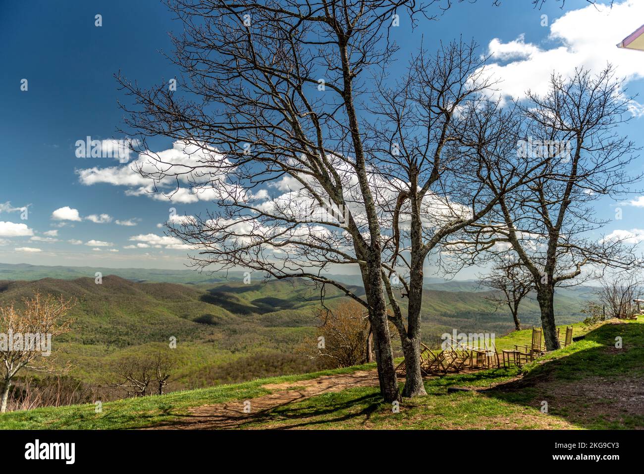 The high trees with hills in the Blue ridge parkway under the blue sky ...