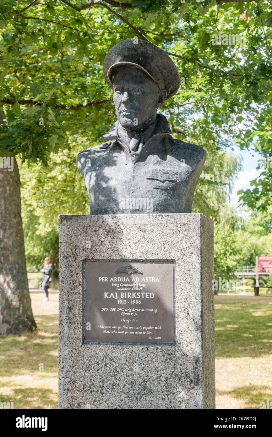 Copenhagen, Denmark - July 26, 2022: Memorial bust of Danish flying ace ...
