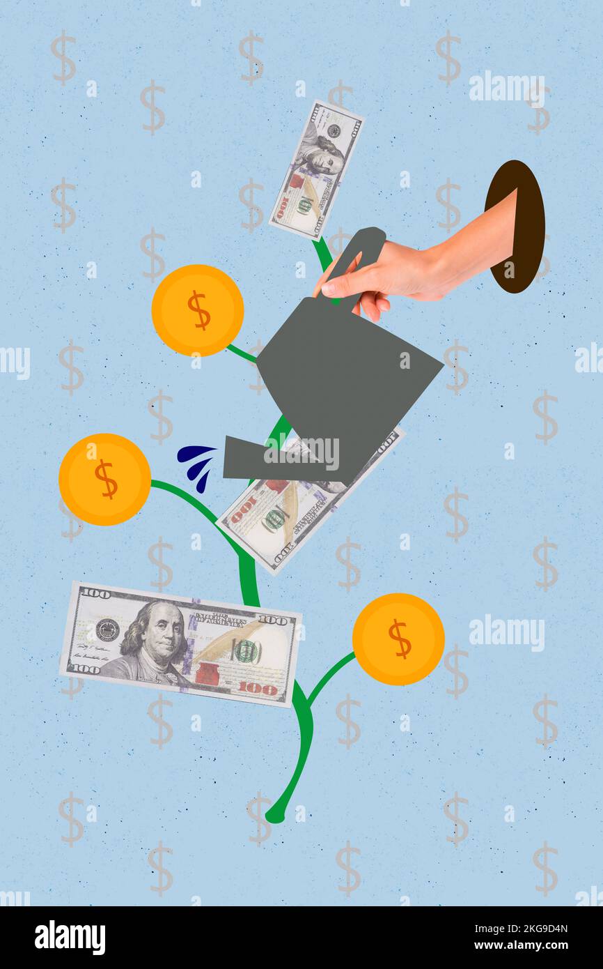 Photo collage cartoon comics sketch picture of arm growing tacking care ...