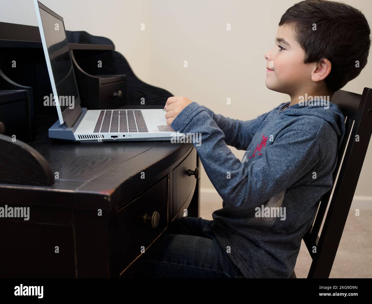 Young boy completing his homework online while sitting at desk Stock ...