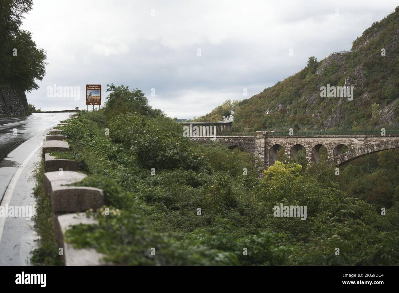 Italian travel road with a stone bridge and alot of forest trees Stock ...