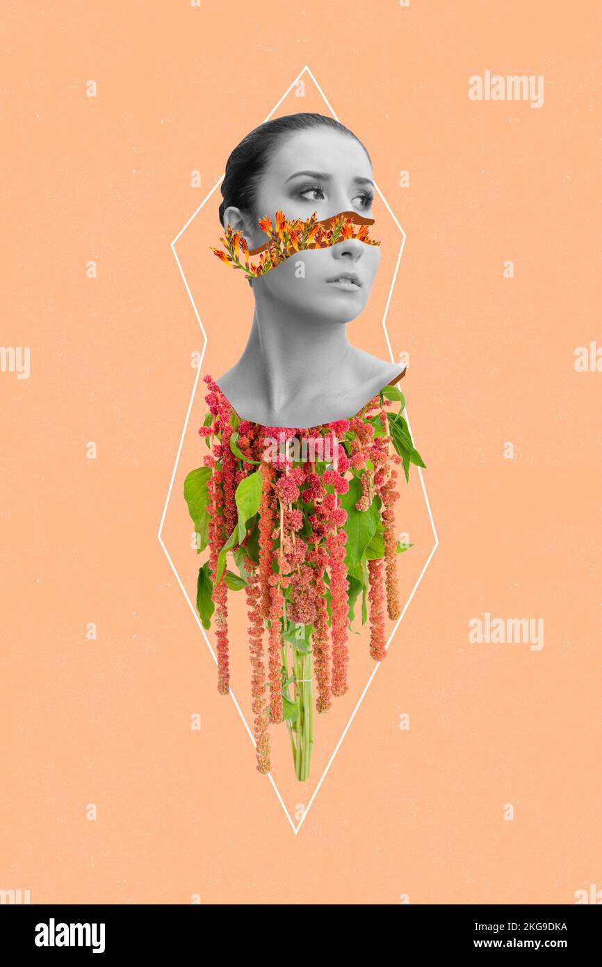 Collage photo portrait of head half blooming plant girl serious face ...