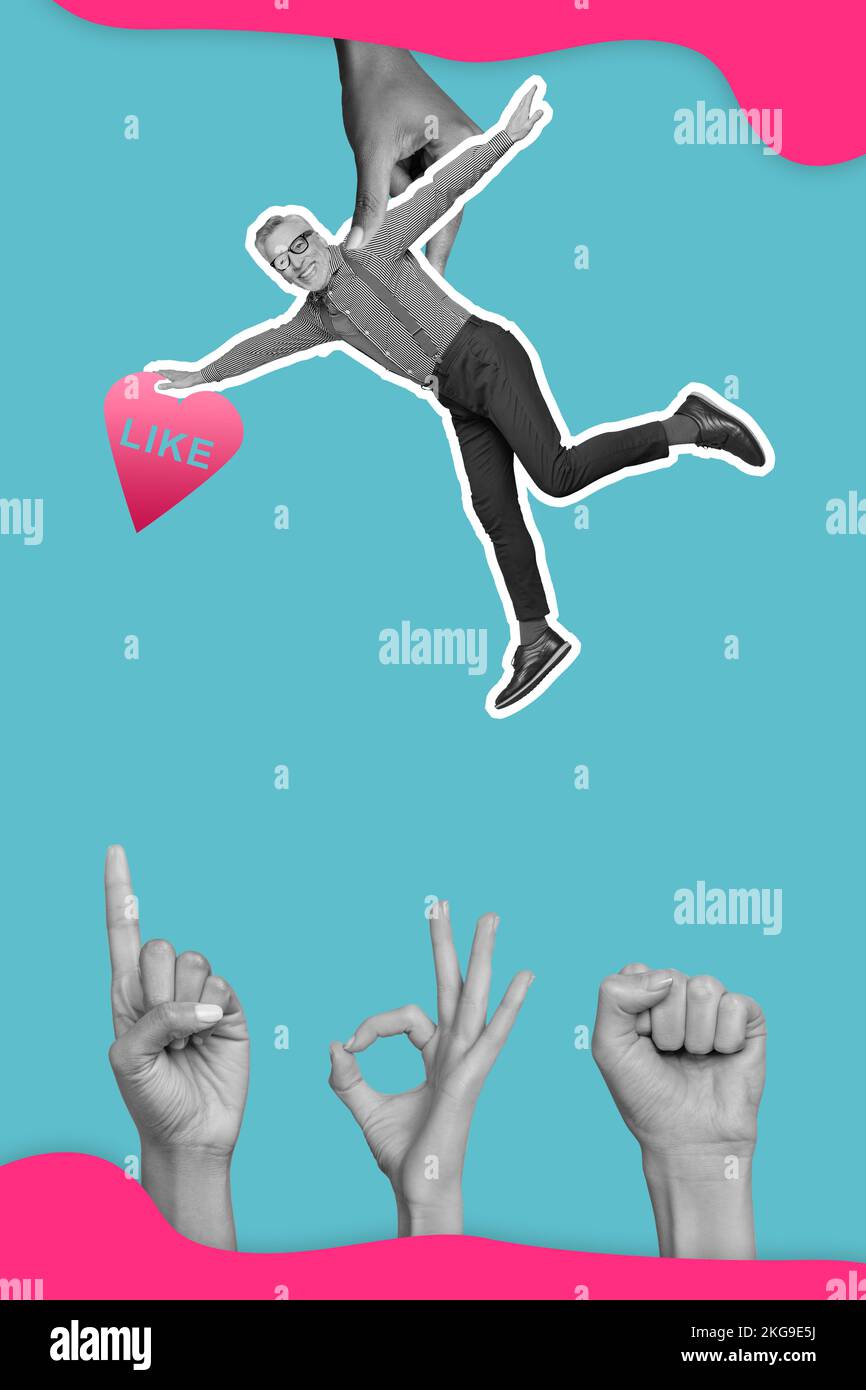 Creative photo collage artwork postcard poster of big human arm hold ...