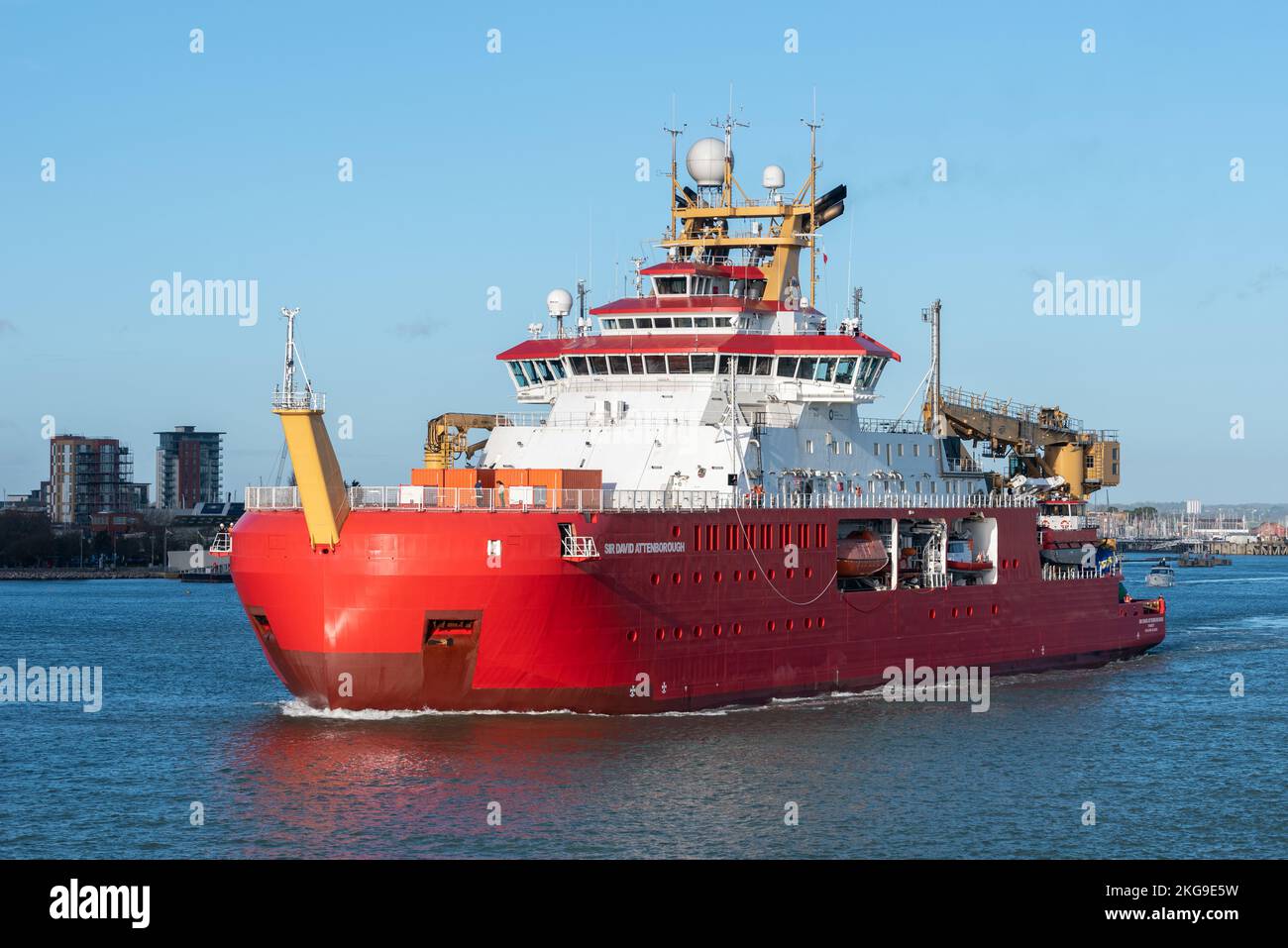 RRS Sir David Attenborough ship leaving Portsmouth harbour in England ...