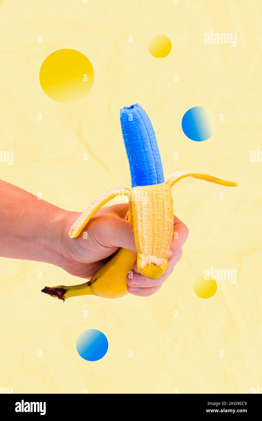Vertical creative photo collage illustration of human hand hold banana ...