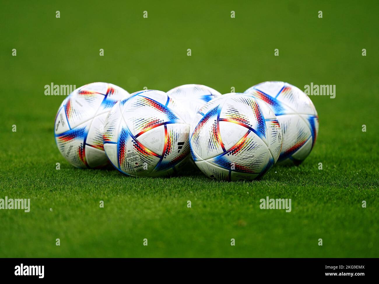 A general view of official match balls on the pitch ahead of the FIFA ...
