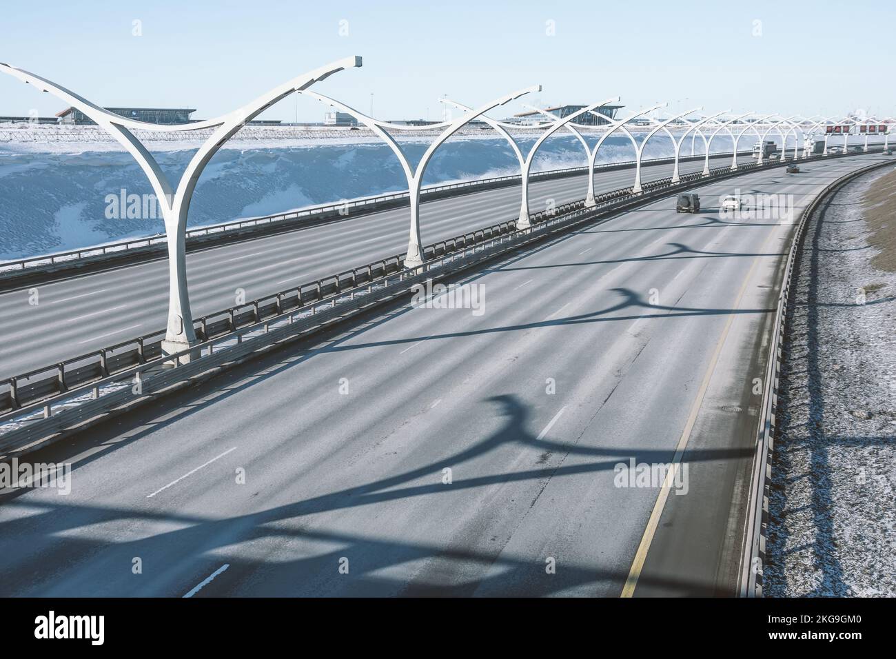 View of high-speed highway, with warning road signs. Toll road Stock ...