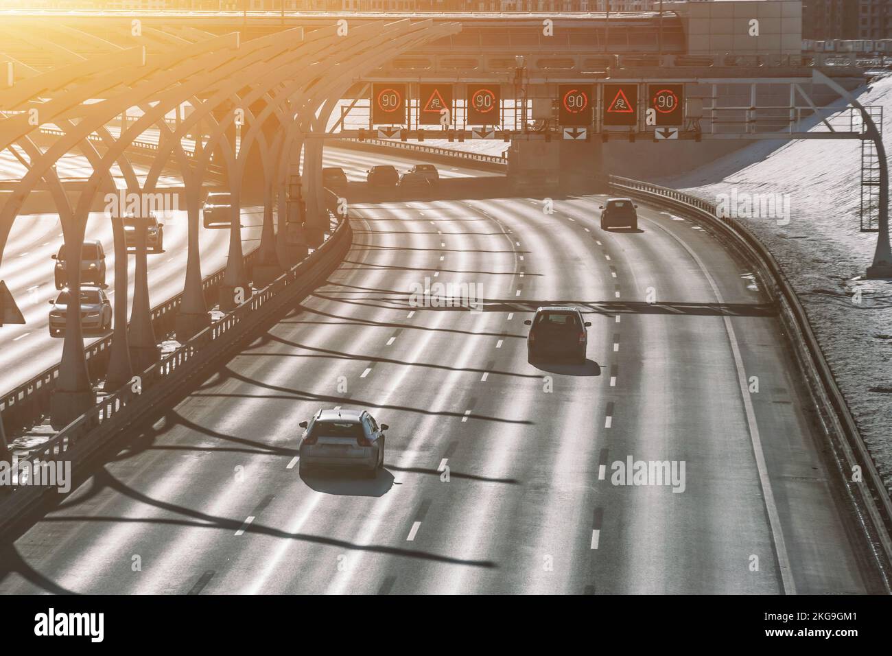 View of high-speed highway, with warning road signs. Toll road Stock ...