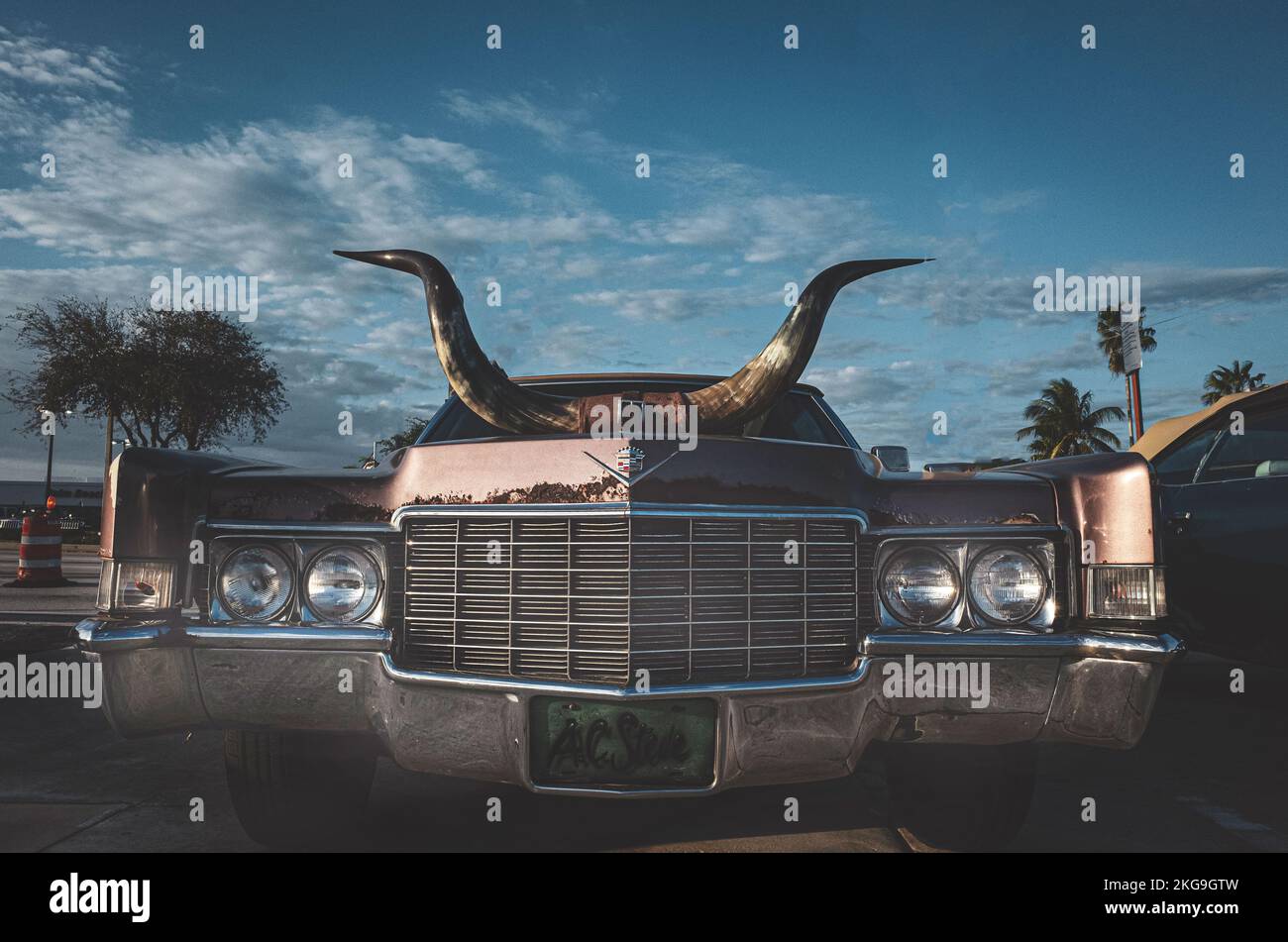 A old rusty Cadillac car with cow horns ornament on front Stock Photo ...