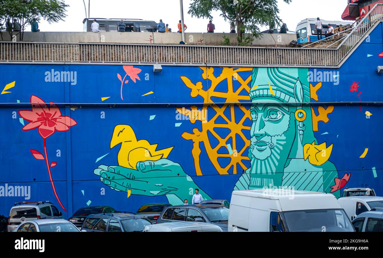 Colorful colourful murals depicting scenes from history and mythology ...