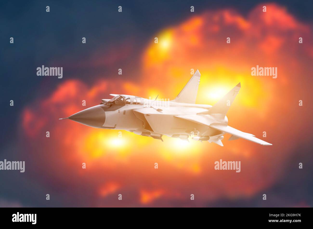 Fighter jet aircraft flying backdrop of a powerful explosion. War ...