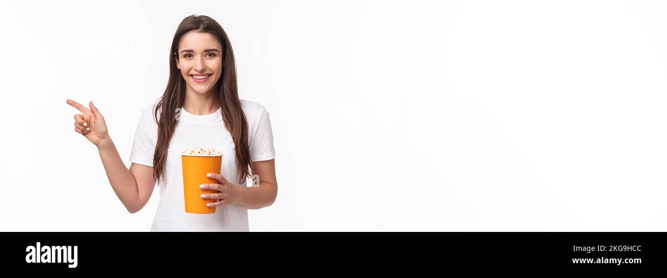 Entertainment, fun and holidays concept. Portrait of cheerful cute ...