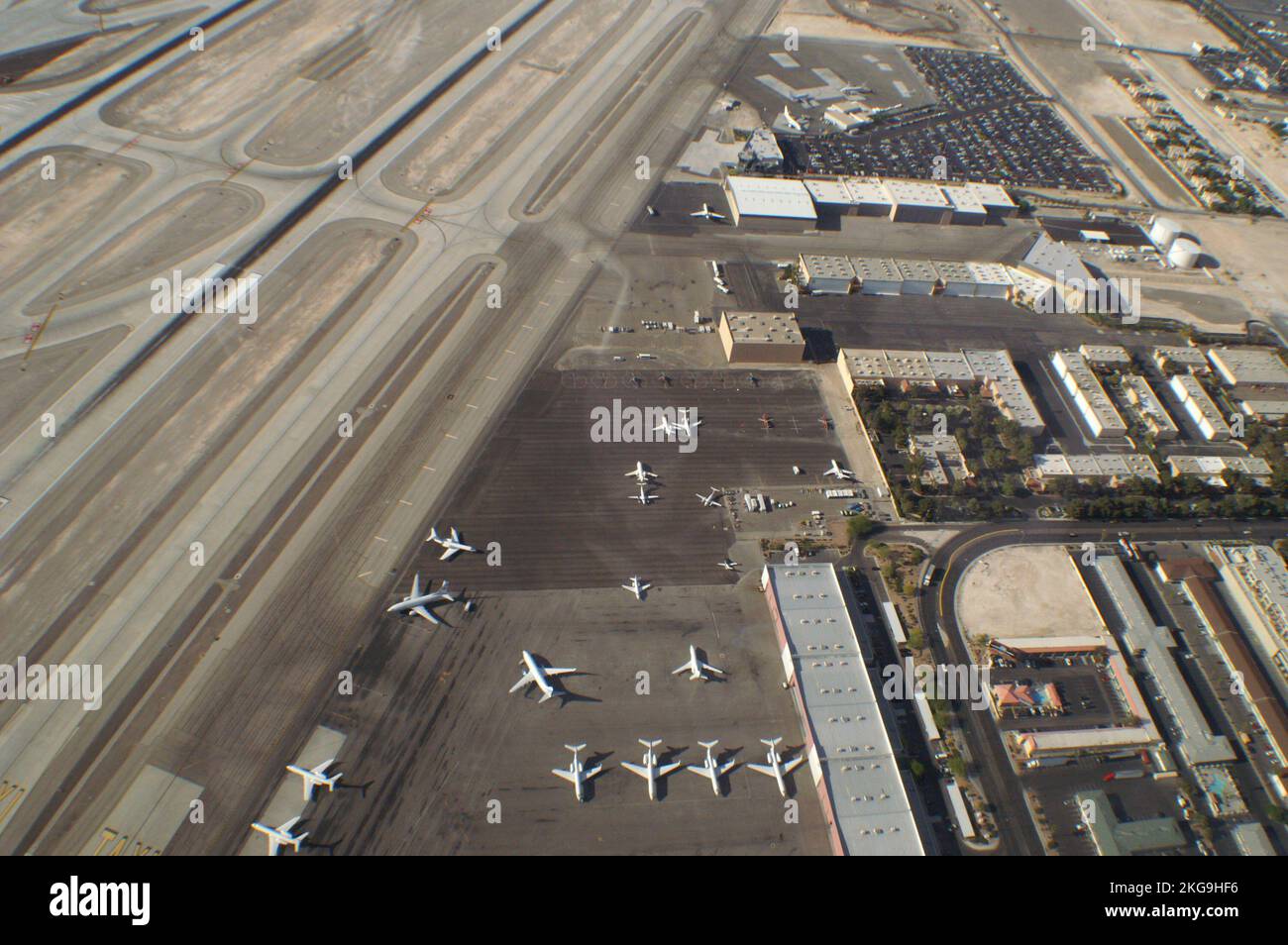 An aerial view of an air base with several planes and buildings Stock ...