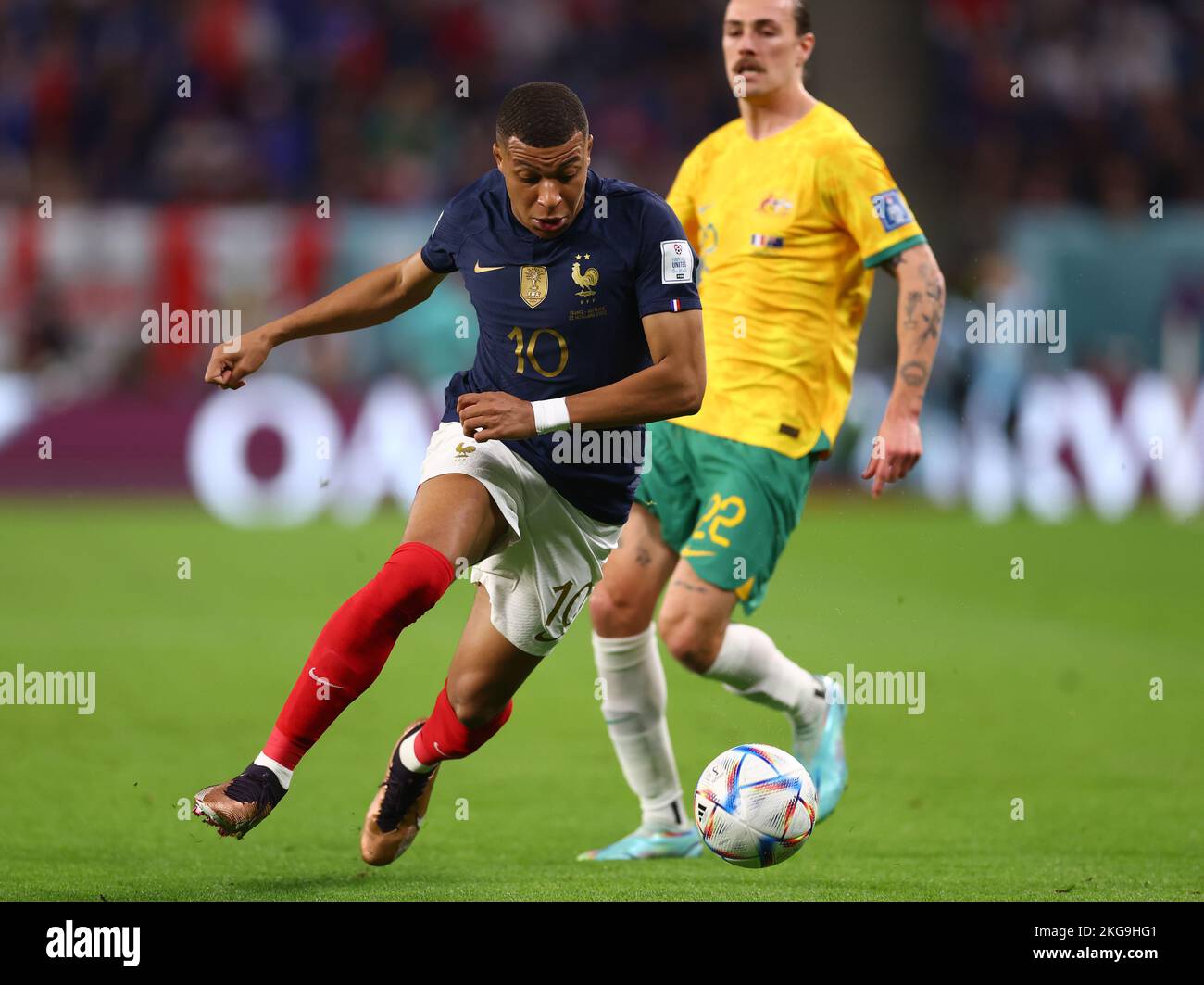 Al Wukair, Qatar, 22nd November 2022. Kylan Mbappe of France surges ...