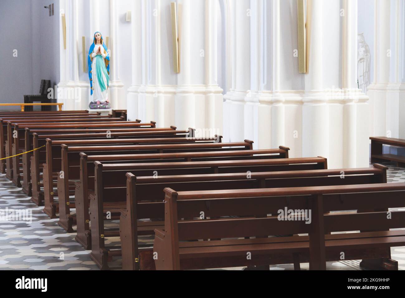 People pray in the church. Church parish. Believers sit on benches in ...