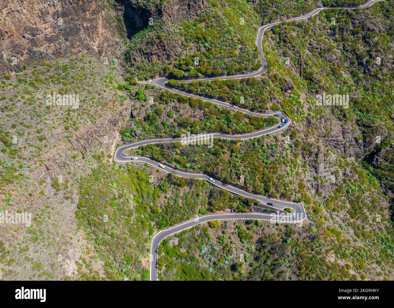 Aerial view of an extreme winding serpentine road in Tenerife island on ...