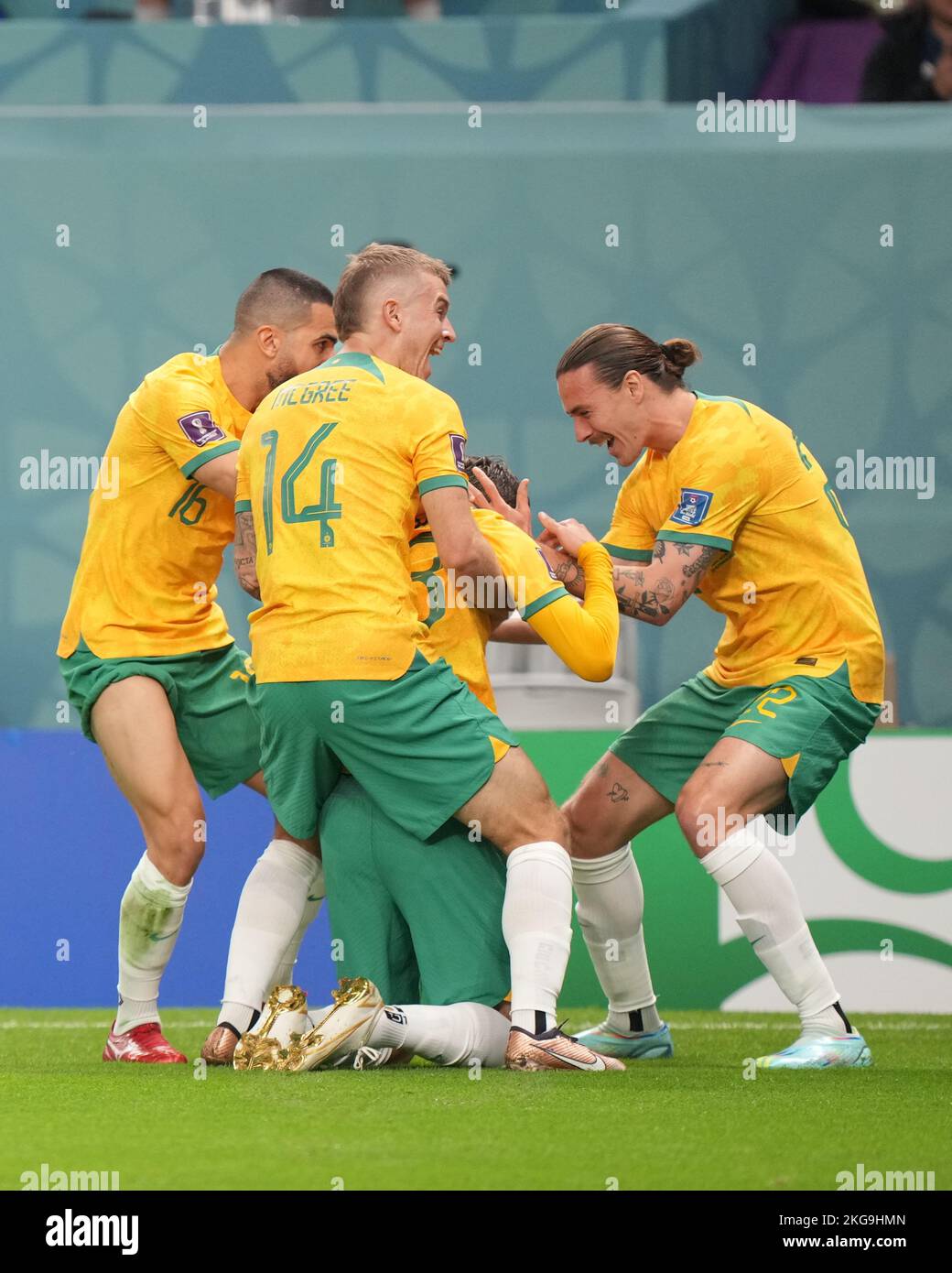 Craig Goodwin of Australia celebrates his goal with his teammates ...