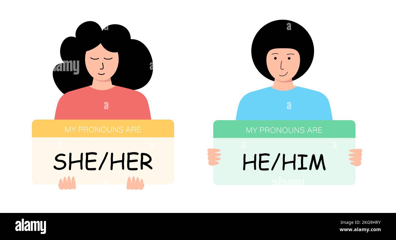 English pronouns She and He. Beautiful girl and man with signs for a ...