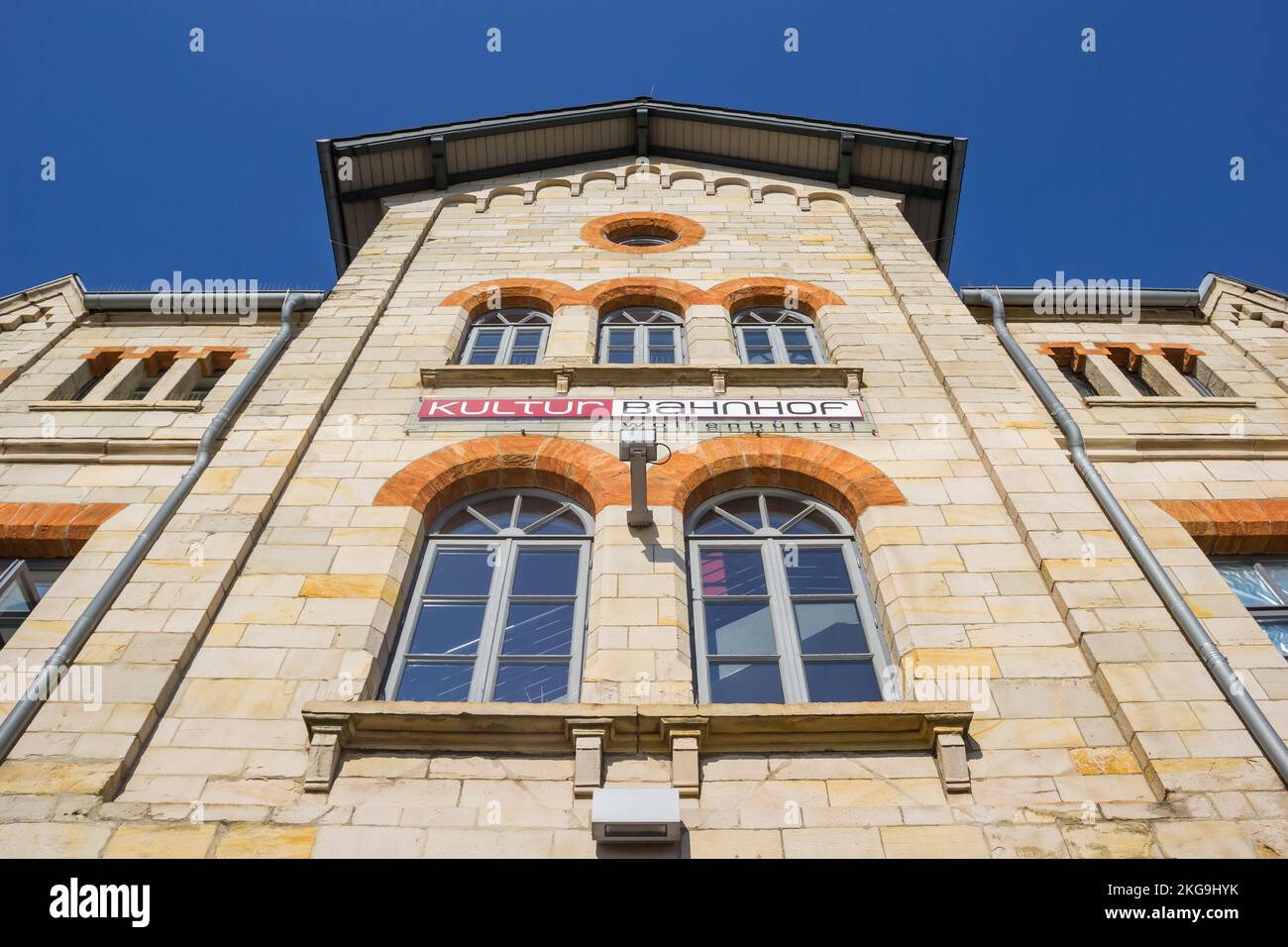 Front facade of the historic railway station in Wolfenbuttel, Germany ...