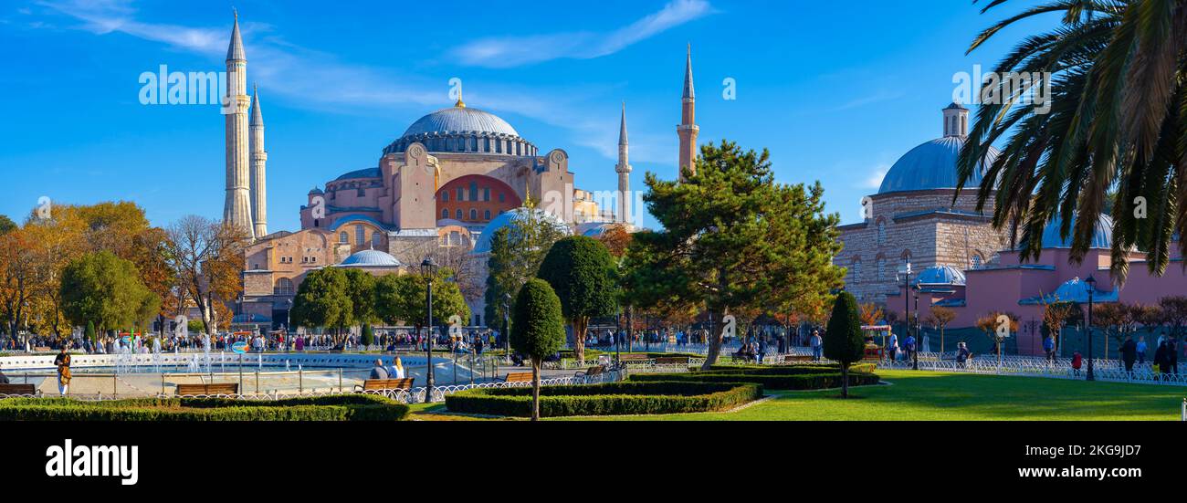 Panoramic view of Hagia Sophia Holy Grand Mosque and the Sultan Ahmet ...