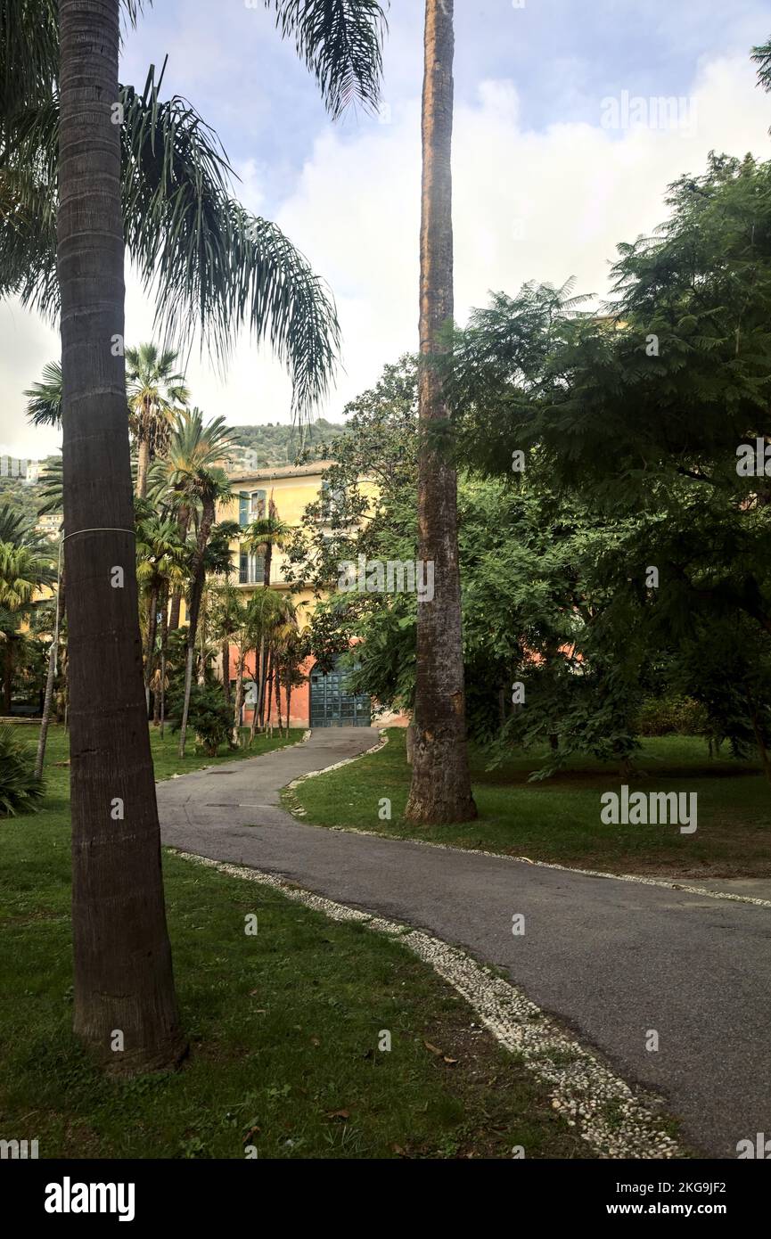 Old mansion in an open space of a park framed by trees and a path on a ...