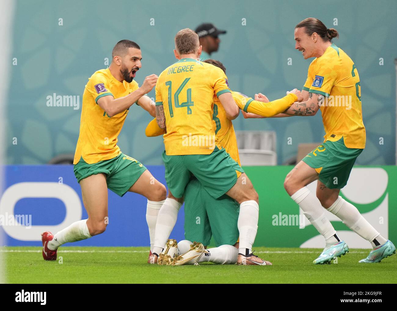 Craig Goodwin of Australia celebrates his goal with his teammates ...