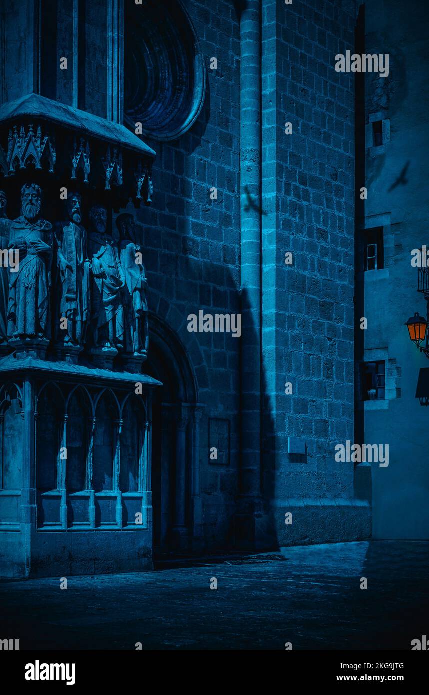 Night scene in old town by exterior of cathedral in mediterranean ...