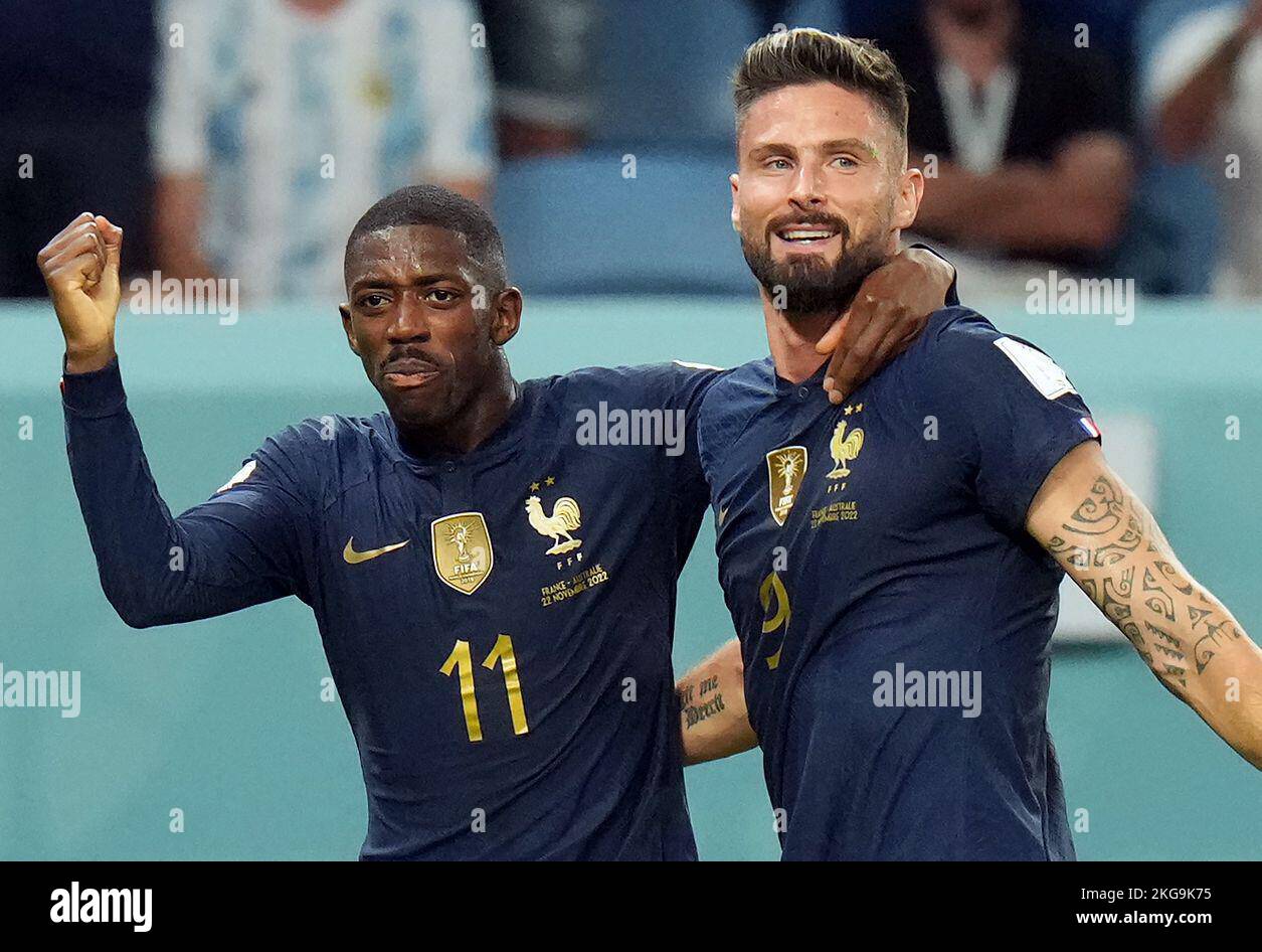France's Olivier Giroud (right) celebrates scoring their side's second ...